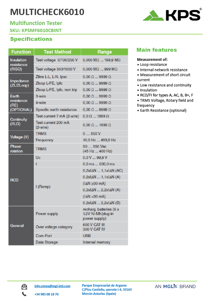 KPS MULTICHECK6010 Multi-Function Installation Tester 1kV Insulation ...