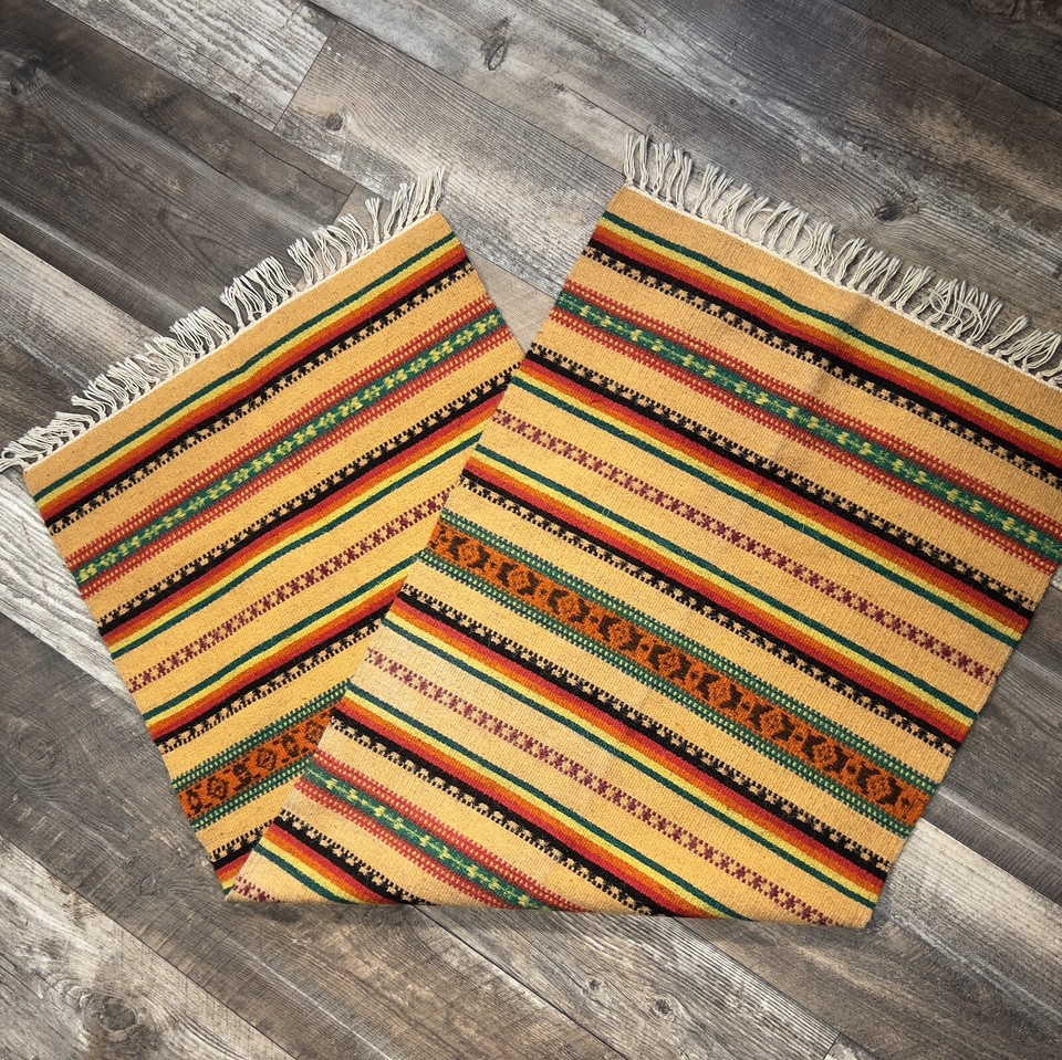 Zapotec Oaxaca Wool Rug 24x60" Hand Made Woven Orange Rasta Geometric ...