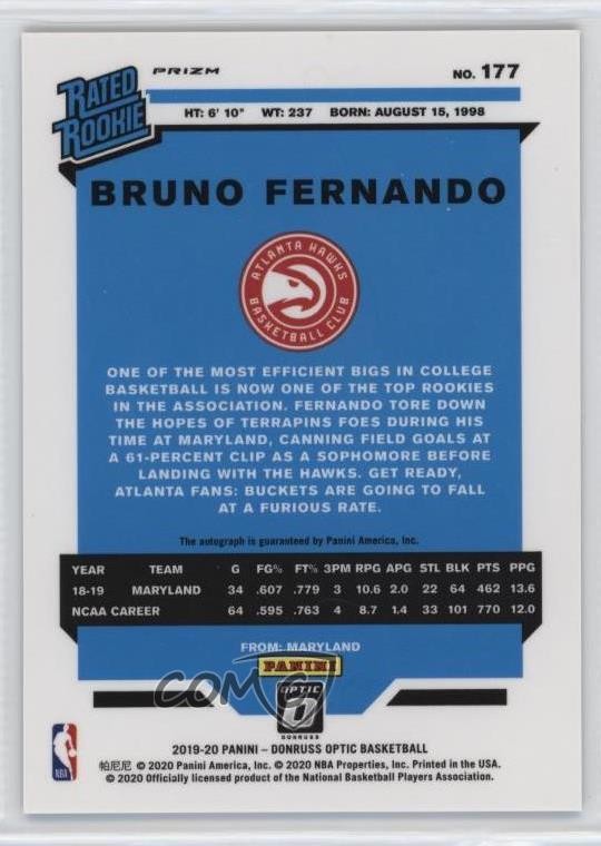 2019 Donruss Optic Rated Purple Prizm Signatures Bruno Fernando Rookie ...