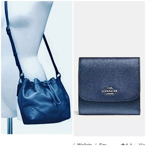 2 Piece Coach Baby Mickie Metallic Blue Soft Leather Drawstring Bag ...