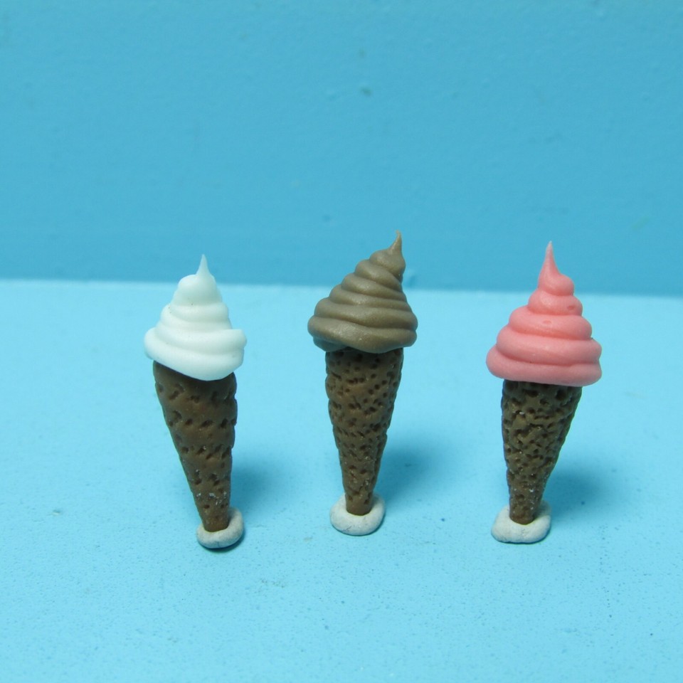 Dollhouse Miniature Ice Cream Cone Set of 3 Chocolate Strawberry ...