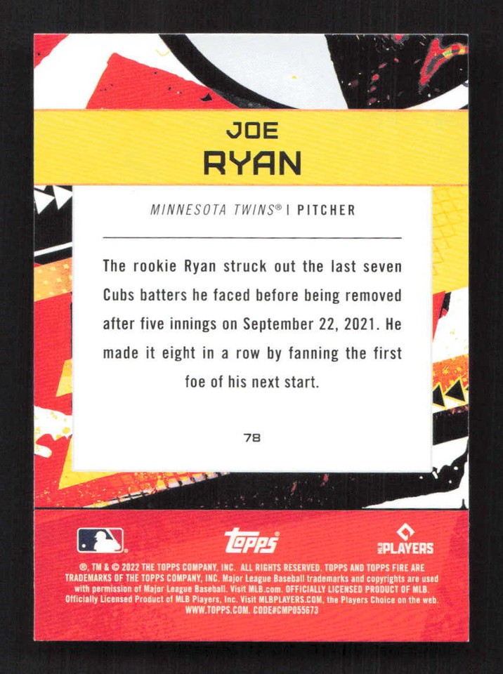 Joe Ryan Rookie 2022 Topps Fire Minnesota Twins #78 | eBay