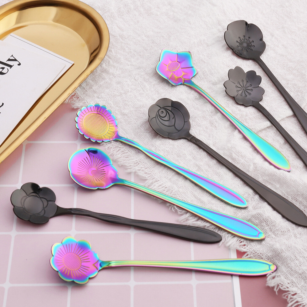 L Japanese style flower spoon stainless steel coffee spoon rose flower ...