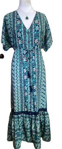 🌈 BOEMO- GROOVY BLUE GREEN FLORAL STRIP TIERED PRAIRIE MAXI DRESS - NWT ...
