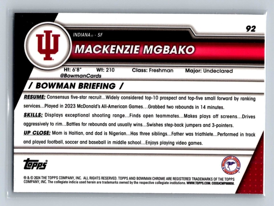 MACKENZIE MGBAKO 2023-24 Bowman Chrome U University 1st Bowman #92 ...