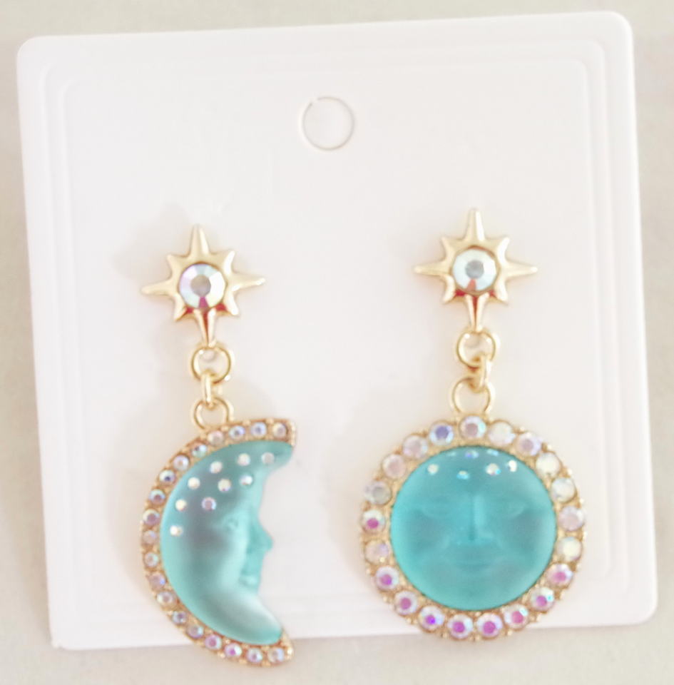 2" KIRKS FOLLY BLUE SEAVIEW MOON FACE AB CRYSTAL RHINESTONE DROP DANGLE ...