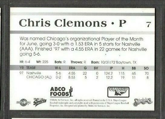 1998 Multi-Ad #7 Chris Clemons Tucson Sidewinders Card Signed Autograph ...