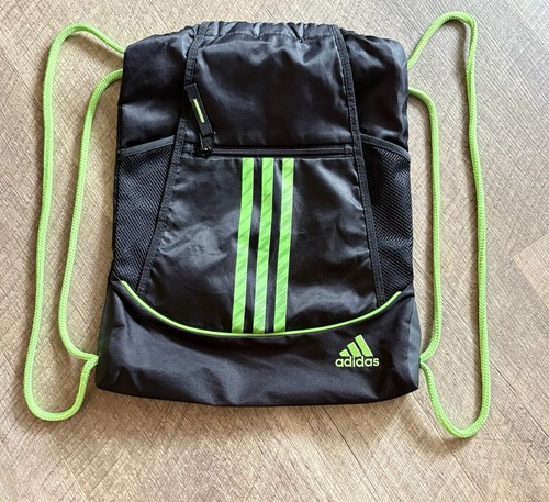 Adidas Drawstring Backpack Gym Bag Black 3 Stripe Logo Neon Green 18” x 13.5” | eBay