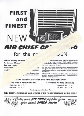FE HOLDEN NASCO AIR CHIEF CAR RADIOS ADVERTISEMENT 1956 SPECIAL ...