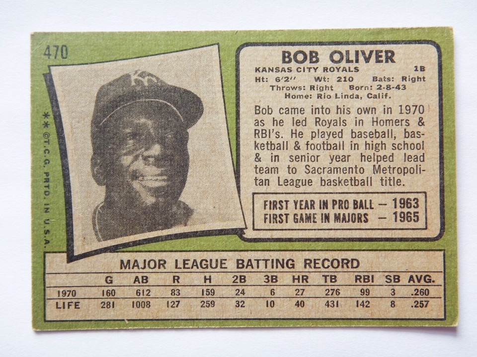 Bob Oliver #470 Topps 1971 Baseball Card (Kansas City Royals) G | eBay