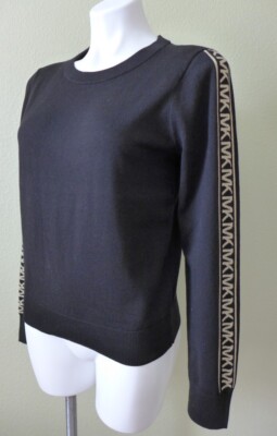 NWT Michael Kors Gold Metallic MK Logo Detail Sweater Crew Neck M Black ...