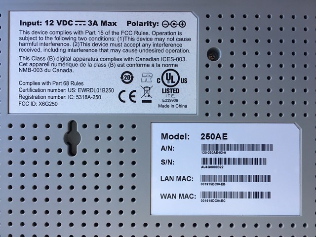 AT&T Broadband Wifi Modem Internet Router Model 250AE 12 VDC-3A Max for ...