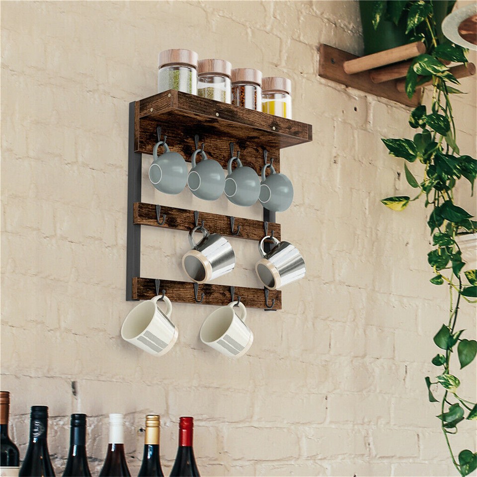 Rustic Distressed Wooden Mug Rack Wall Mounted with Shelf 12 Coffee Cup ...
