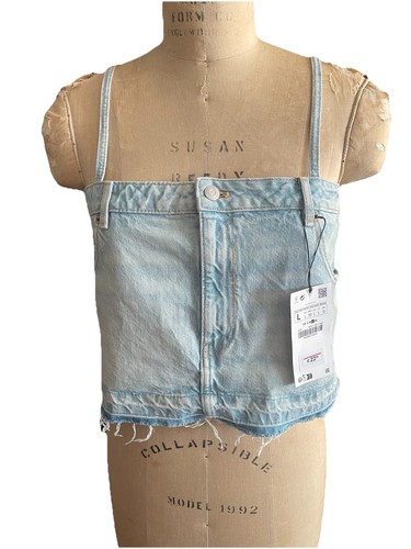 NWT Zara Frayed Denim Tank Top Womens L 100% Cotton Zip With Pockets ...