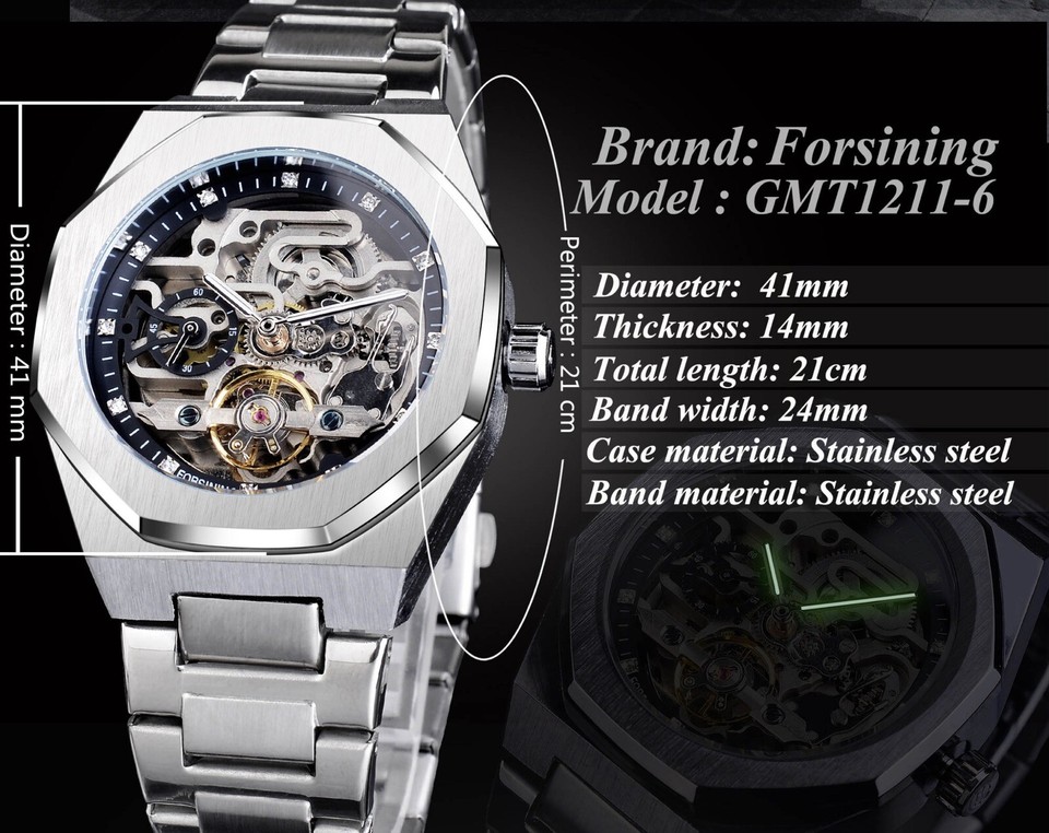 Men's Skeleton Mechanical Luminous Luxury Waterproof Octagon Shape ...