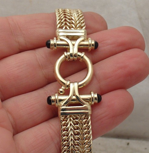 Technibond Triple Cuban Chain Bracelet Black Onyx 14K Yellow Gold ...