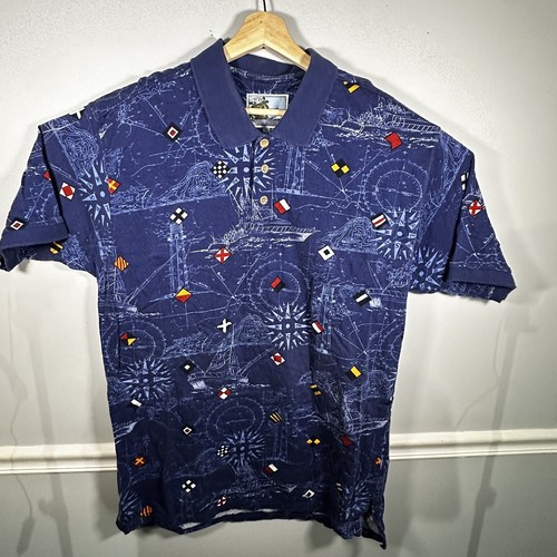 AFTCO Bluewater Men Polo Shirt XL Blue Fish Boat Flag Map Nautical ...