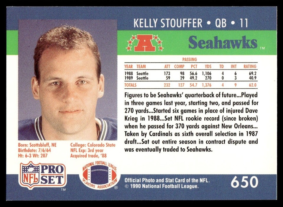 1990 Pro Set Kelly Stouffer Seattle Seahawks #650 | eBay