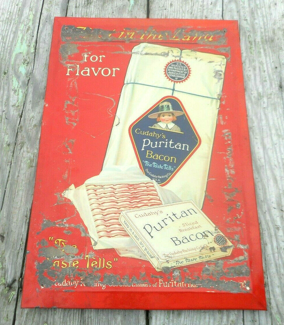 Vintage CUDAHY'S PURITAN BRAND BACON Tin on Cardboard Butcher ...