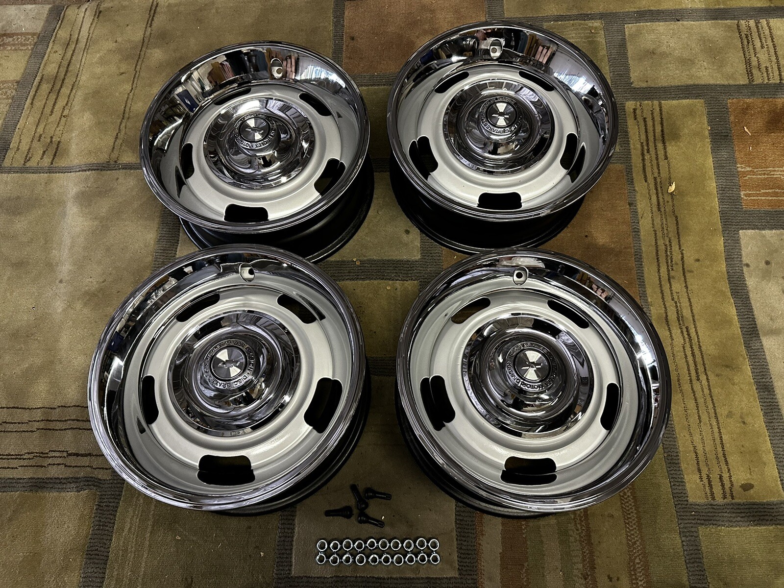 SET (4) CHEVY 15x6 RESTORED CORVETTE YS RALLY WHEELS REPRO CAPS & RINGS ...