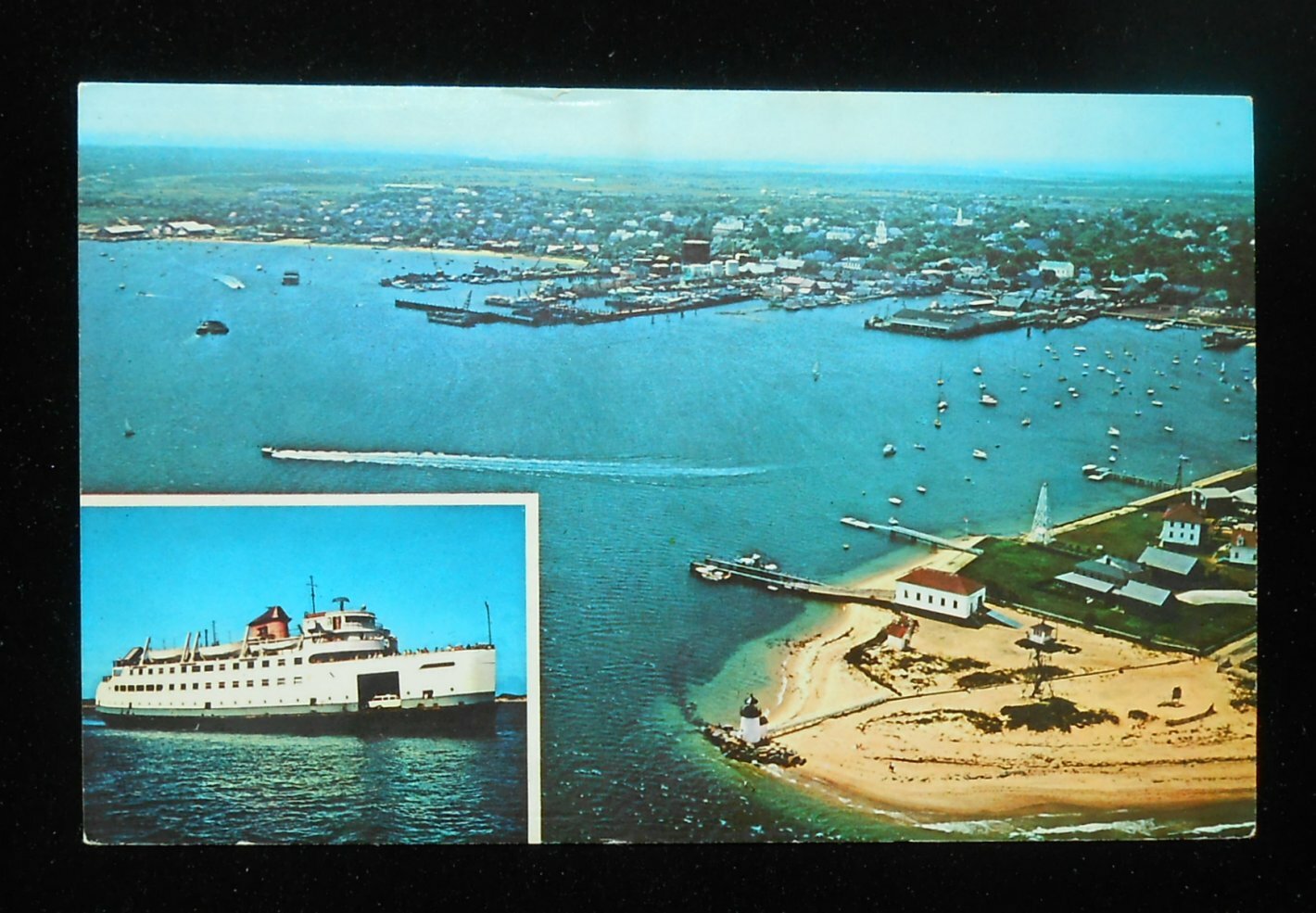 1960s Aerial View Brant Point and Harbor Lighthouse Ferry Steamer ...