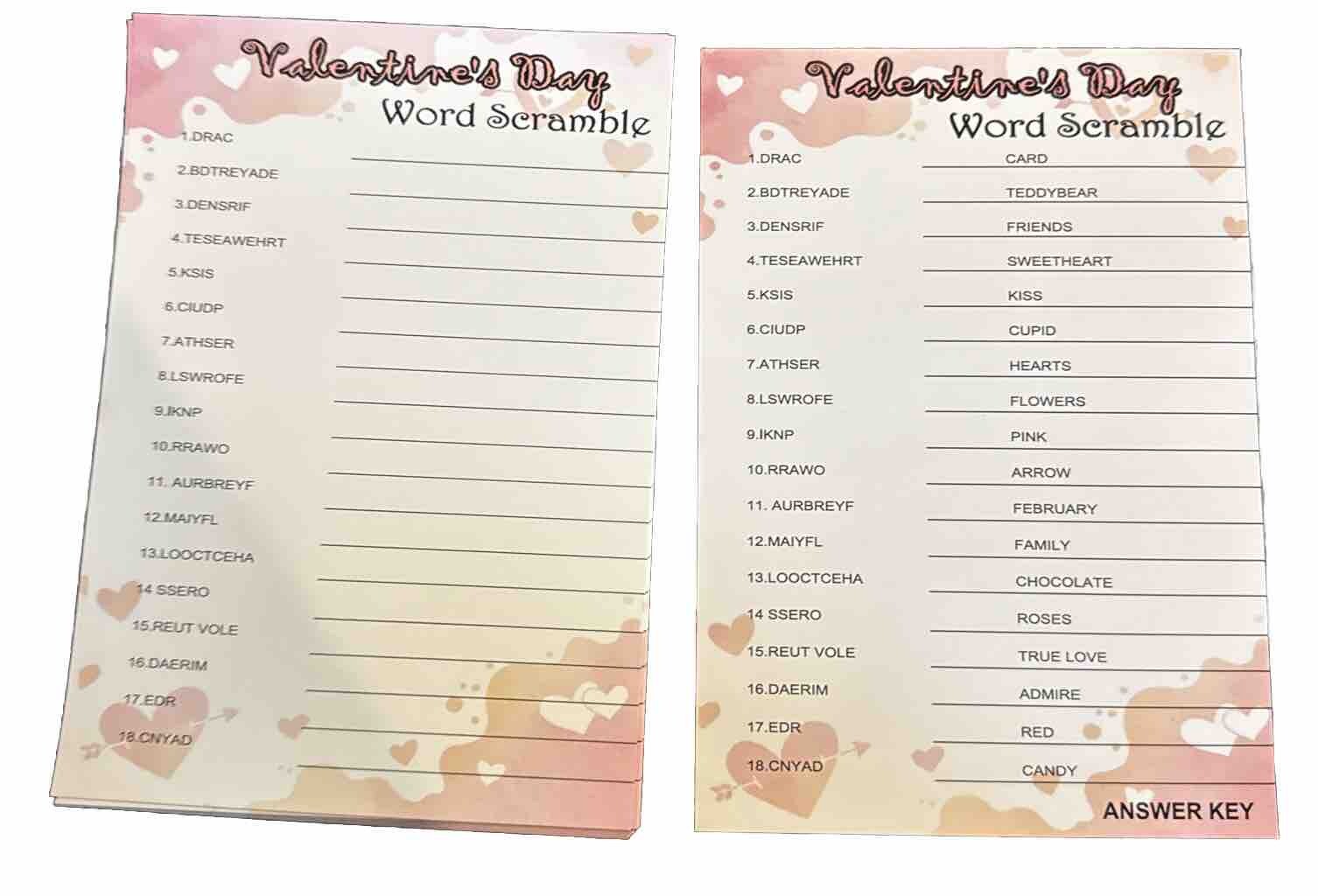 Valentine Day Game Sheets - Word Scramble, Emoji Pictionary, And Candy ...