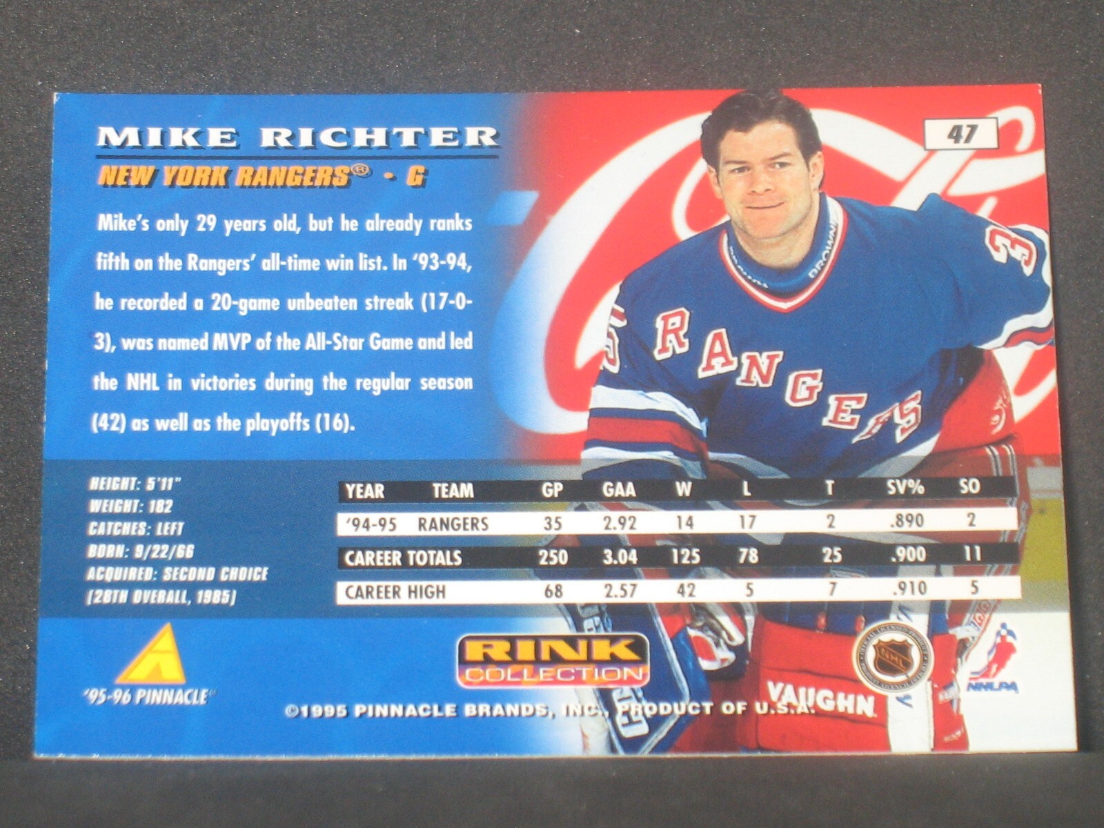 Mike Richter 1995-96 Pinnacle Rink Collection Artist's Proof #47 New ...