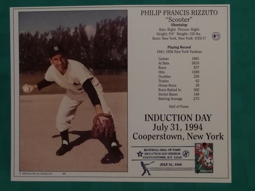 Phil Rizzuto New York Yankees 8x10 Hall of Fame Induction Day Card ...