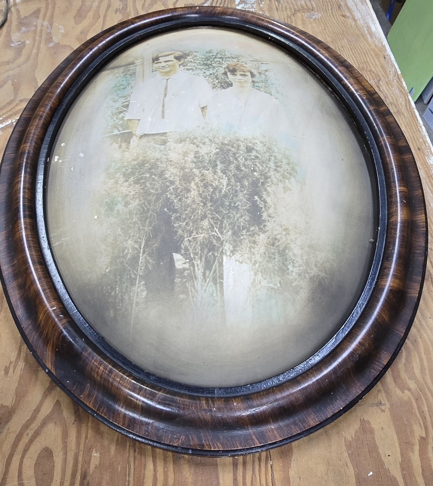 Vtg Oval Shaped Wood Frame Picture Couple In Garden Concave No Glass 22 ...