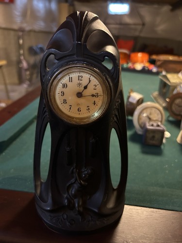 Vintage Art Nouveau Cherub Mantle Clock Bedside Cast Iron Copper Cupid ...