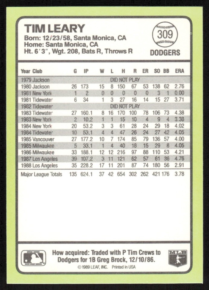 1989 Donruss Baseball's Best Tim Leary #309 Los Angeles Dodgers | eBay