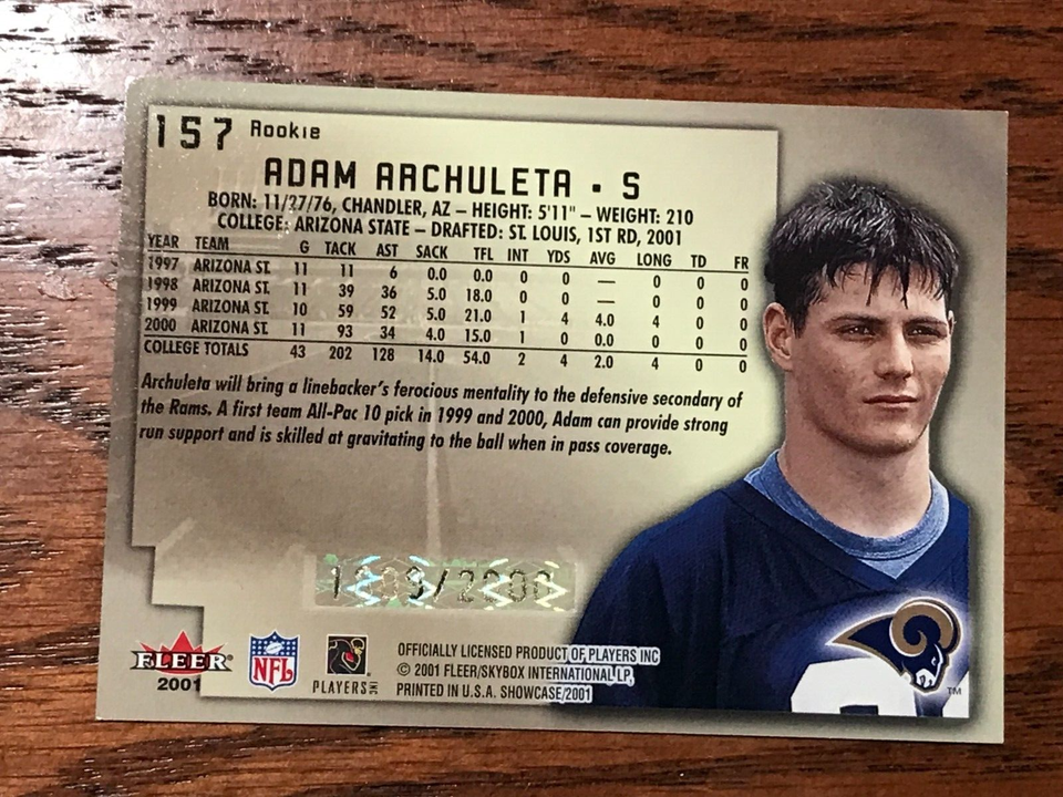2001 FLEER SHOWCASE FOOTBALL ADAM ARCHULETA RC SERIAL # 1809/2000 ...