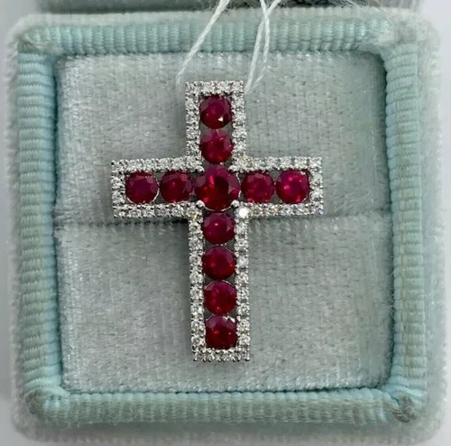 3Ct Round Cut Red Ruby Diamond Cross Pendant 14K White Gold Over 18 ...