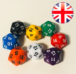 D20 20-sided 20mm dice D&D Infinity RPG die coloured acrylic UK red ...