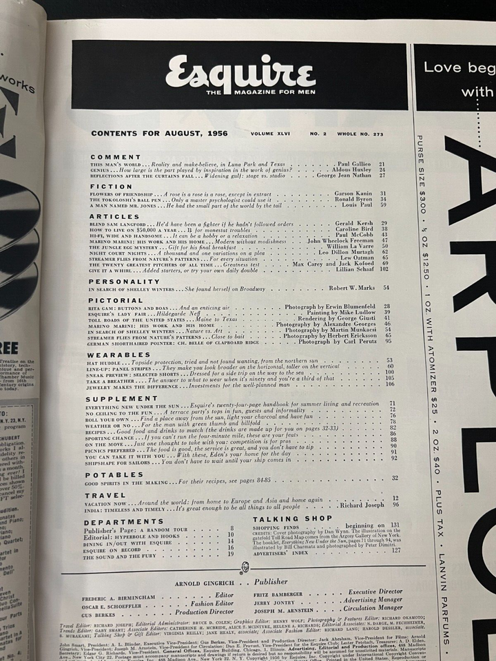 ESQUIRE MAGAZINE August 1956 Fiction Sports Humor Fashion Vintage Ads ...