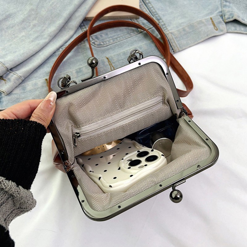Vintage Black Kiss Lock Frame Bag Shoulder Crossbody Handbag Purse ...