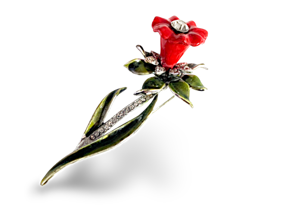 1950s Signed Coro Red Enamel Daffodil & Rhinestone Long Stem Flower ...