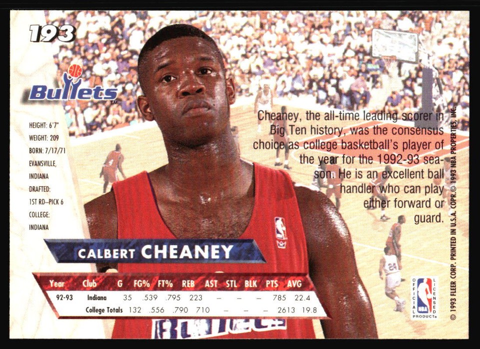 1993 Ultra Calbert Cheaney Rookie #193 Washington Bullets | eBay