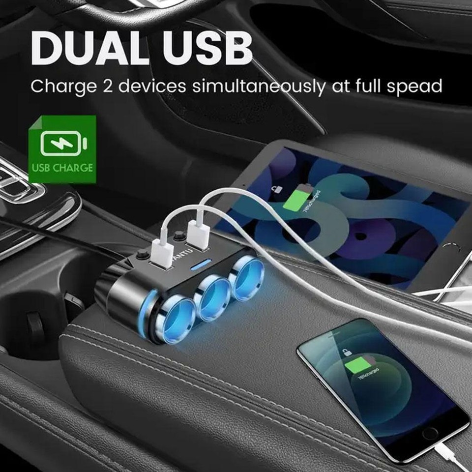 New 12V 3Way Car Cigarette Lighter Socket Splitter 2 USB Charger Power ...