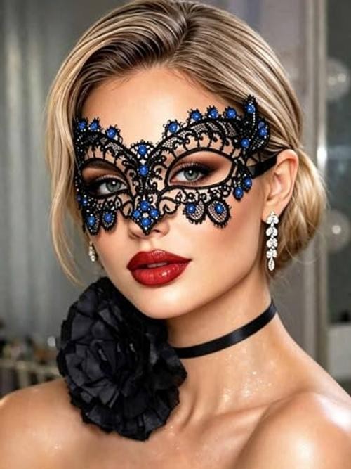 Feather Masquerade Masks for Women Shiny Crystal Venetian Eye Lace Blue ...