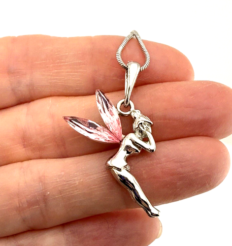 Tinkerbell Pendant Pink Crystal Rhinestone Necklace 16" Tinker Bell ...