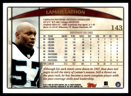 1998 TOPPS FOOTBALL CARD LAMAR LATHON #143 CAROLINA PANTHERS 7554 | eBay