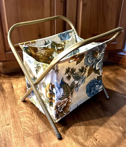 Vintage Knitting Sewing Caddy Basket Yarn Bag Folding Metal Frame Blue ...