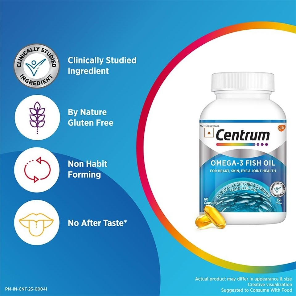 Centrum Omega-3 Fish Oil (60 Capsules) with EPA & DHA Brain,Hair&Muscle ...