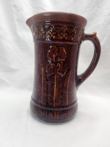 Rockingham Brown Glazed Milk Pitcher Rare Iris Design 8.75" - Primitive ...