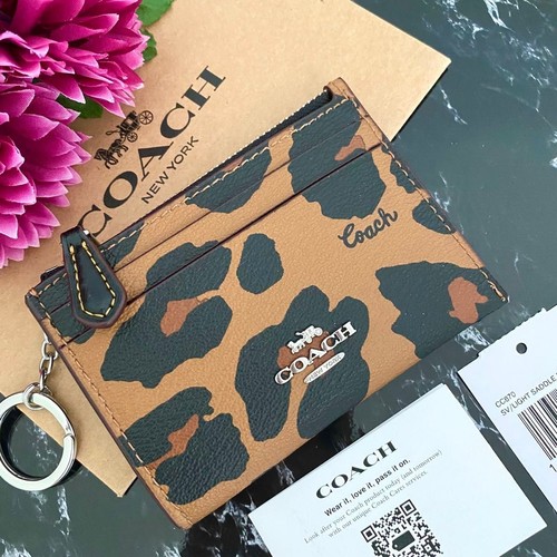 COACH Coin Case New Leopard Print Animal Leather Zip Wallet Small Purse ...