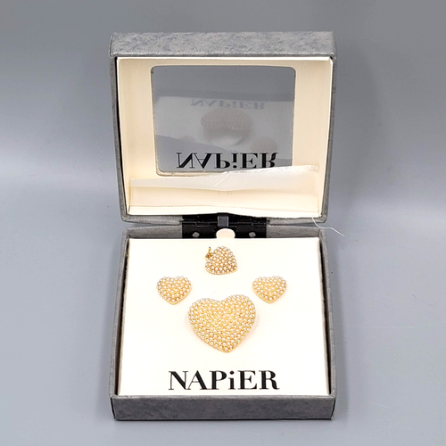 Napier Faux Pearl Cluster Heart Brooch Pierced Earrings Set Matching ...