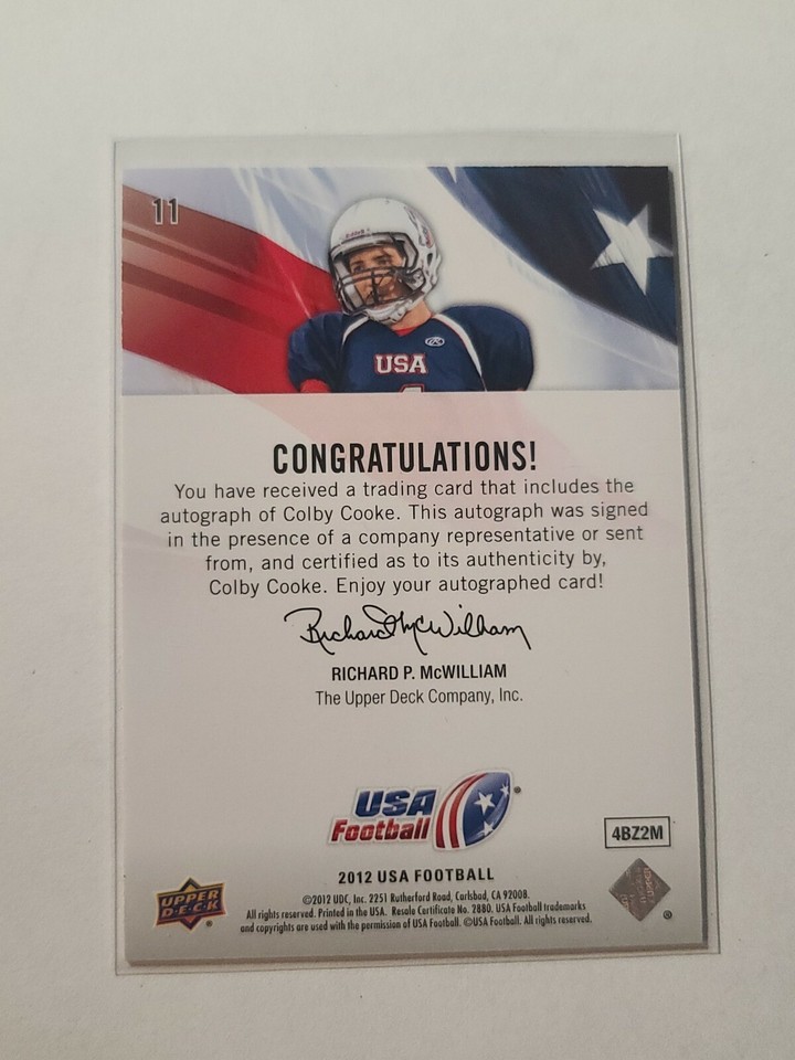 Colby Cooke Autograph 2012 Upper Deck USA football auto rookie rc No ...