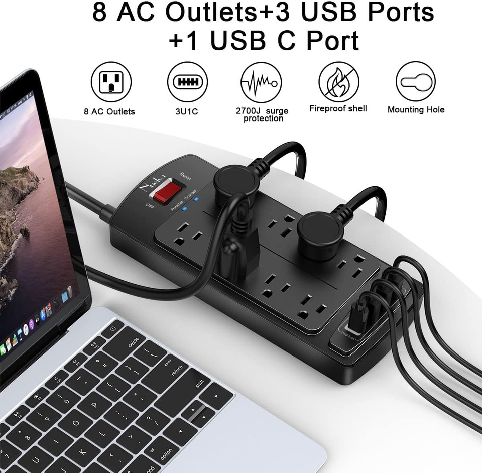 8 Outlets Power Strip Surge Protector, Flat Plug Extension Cord with 4 ...