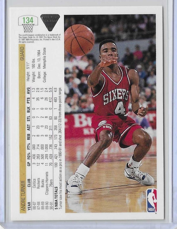 1991-92 Upper Deck Basketball Andre Turner Card #134 Philadelphia 76ers ...